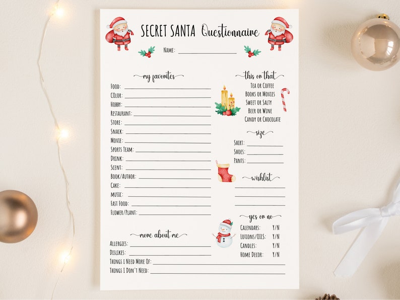 Secret Santa Questionnaire, Printable Secret Santa Gift Exchange ...