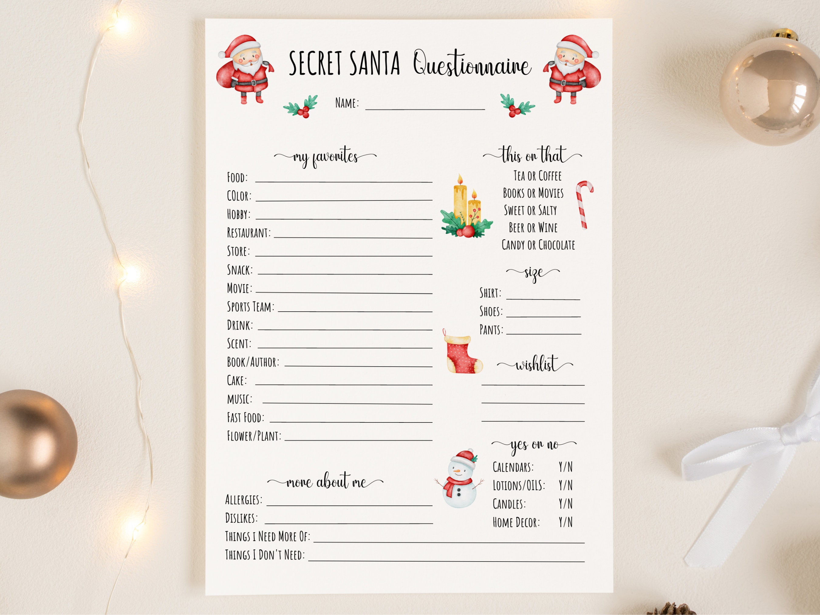 Secret Santa Questionnaire, Printable Secret Santa Gift Exchange ...