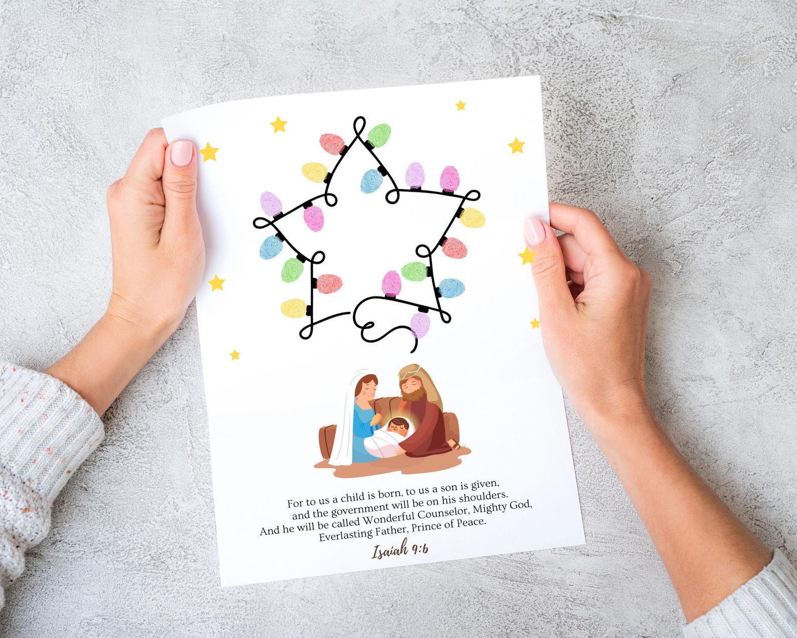 Nativity Fingerprint Craft, Christmas Thumbprint Art, Christmas Lights ...