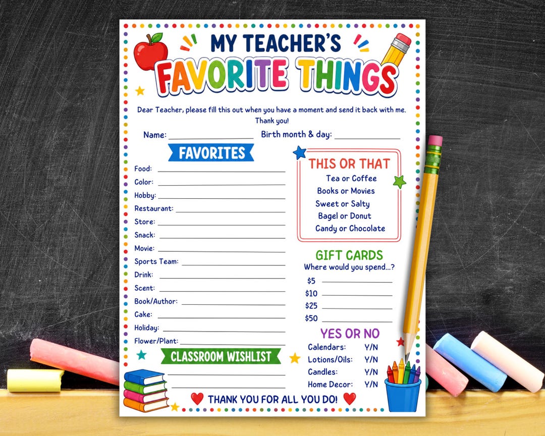 Teacher Favorite Things Questionnaire, Printable Teacher Survey ...