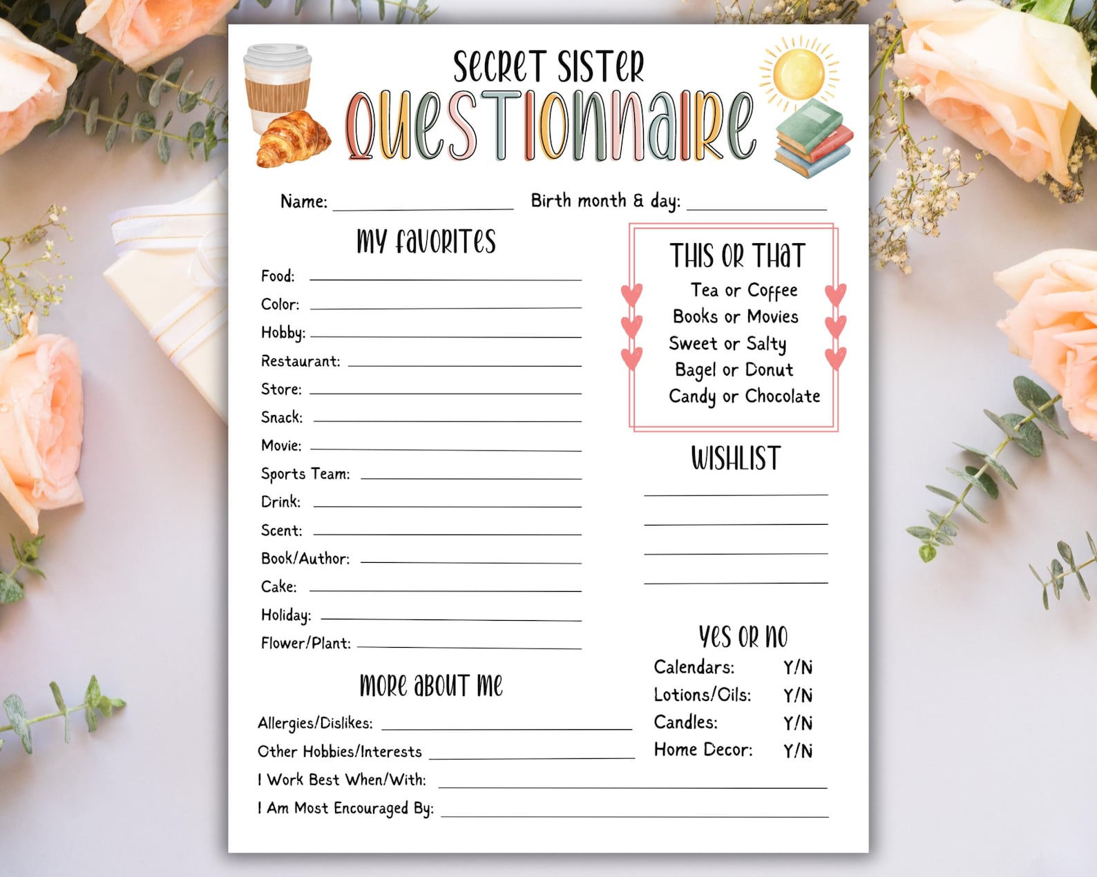 Secret Sister Questionnaire Printable, All About Me Survey, Church Gift ...