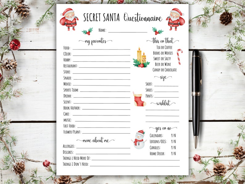 Secret Santa Questionnaire, Printable Secret Santa Gift Exchange ...