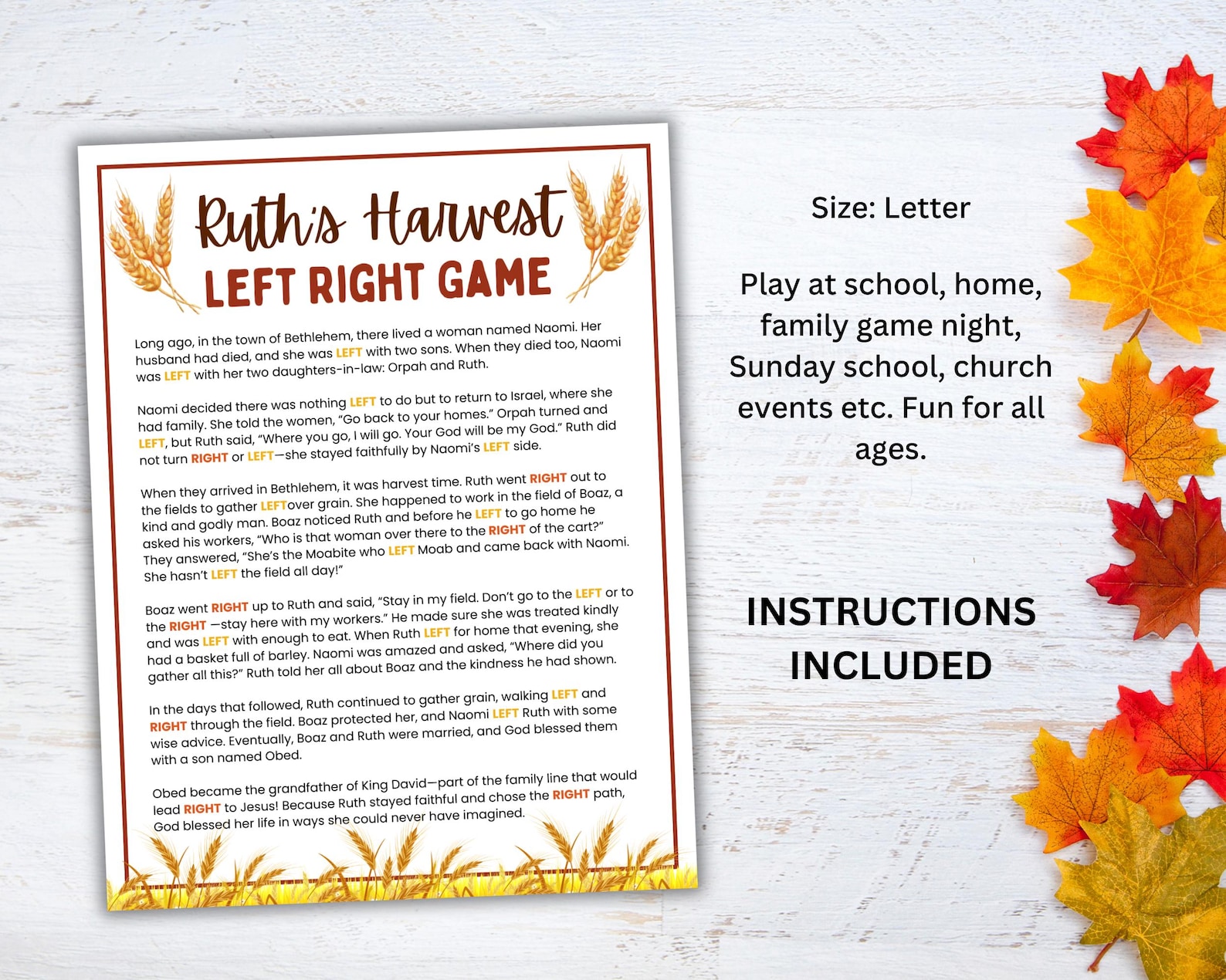 Ruth's Harvest Left Right Game, Book of Ruth Bible Game Printable, Fall ...