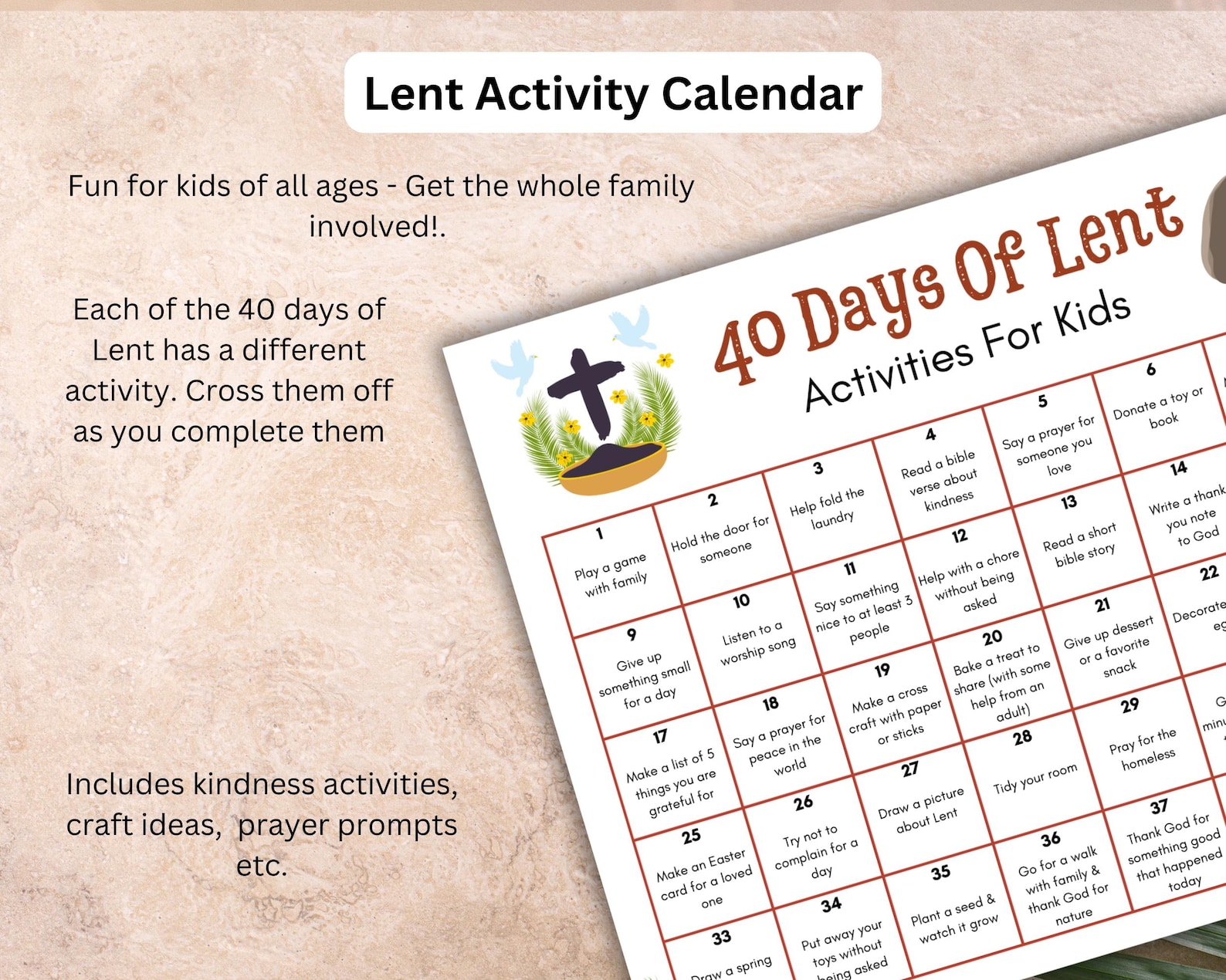 40 Days of Lent Countdown Calendar, Lenten Activities for Kids, Holy ...