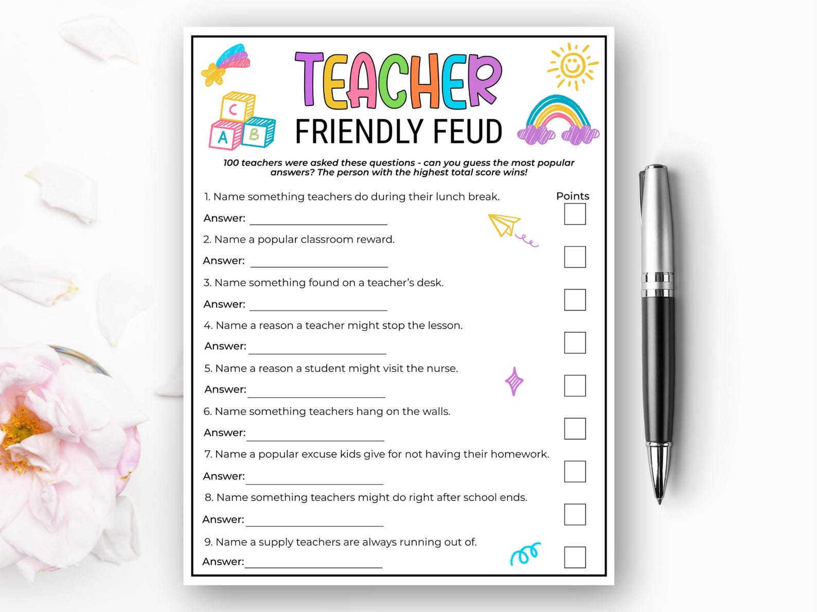 Teacher Friendly Feud Game Printable, Back to School Activity, Teacher ...