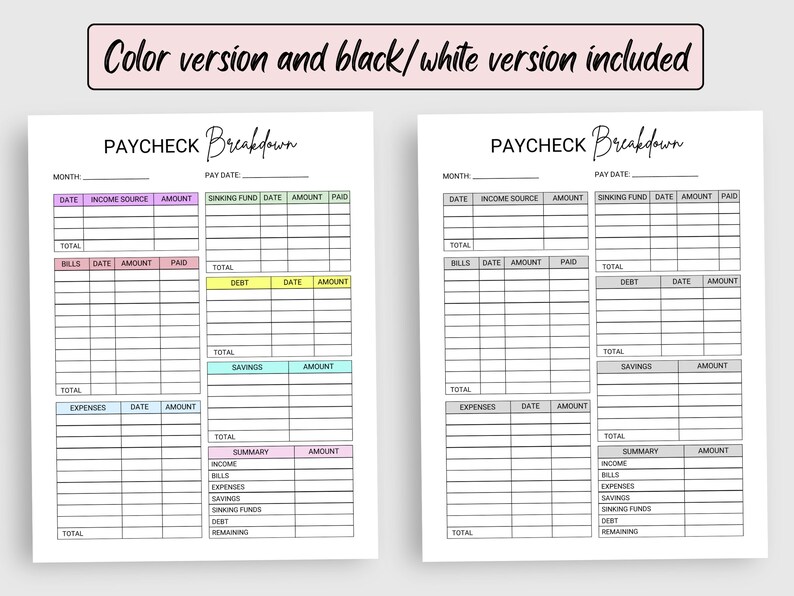 Paycheck Breakdown Template, Paycheck Breakdown Printable, Budget ...