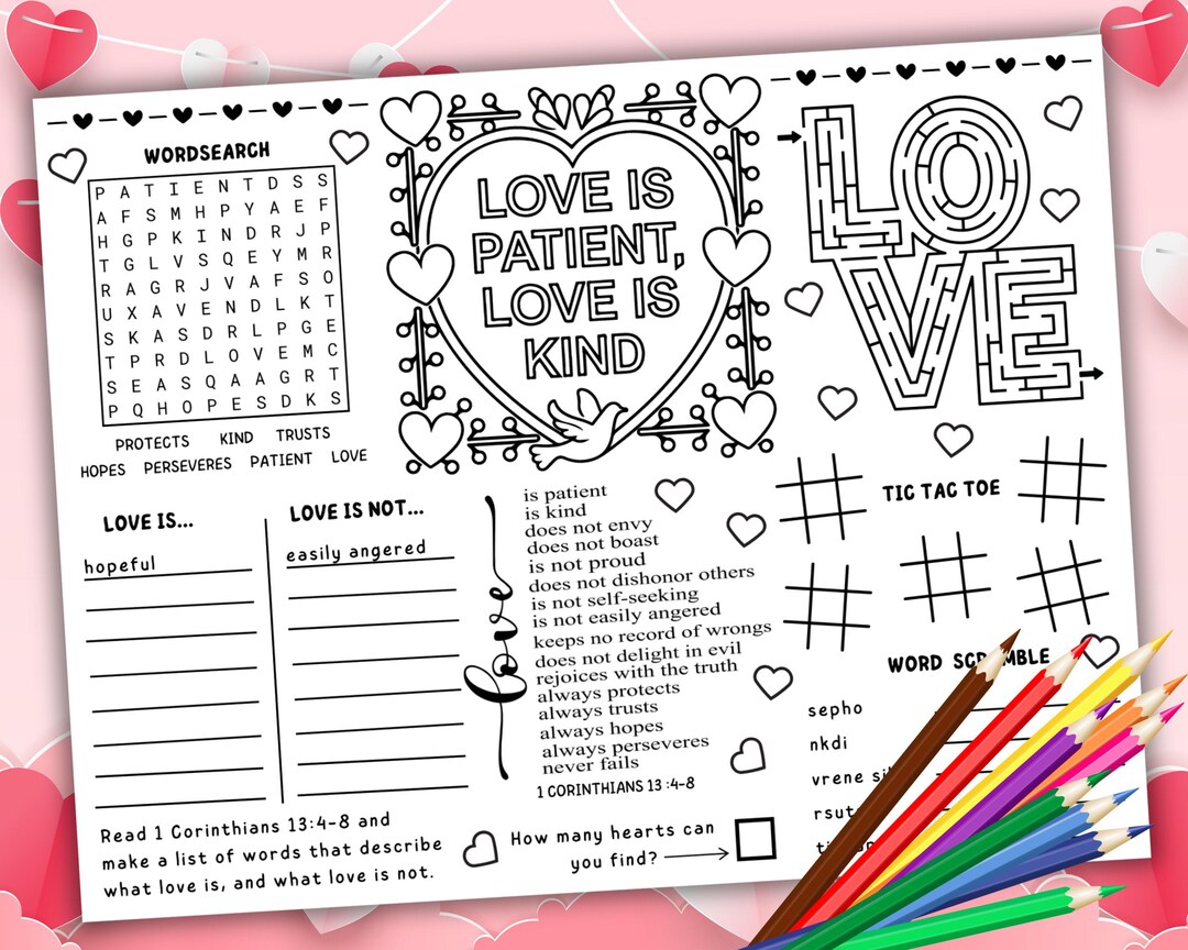 1 Cor 13 4-8 Love is Activity Placemat, Coloring Page Kids, Printable ...