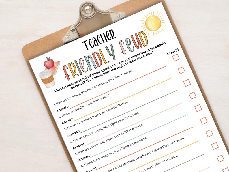 Teacher Friendly Feud Game Printable, Back to School Activity, Teacher ...