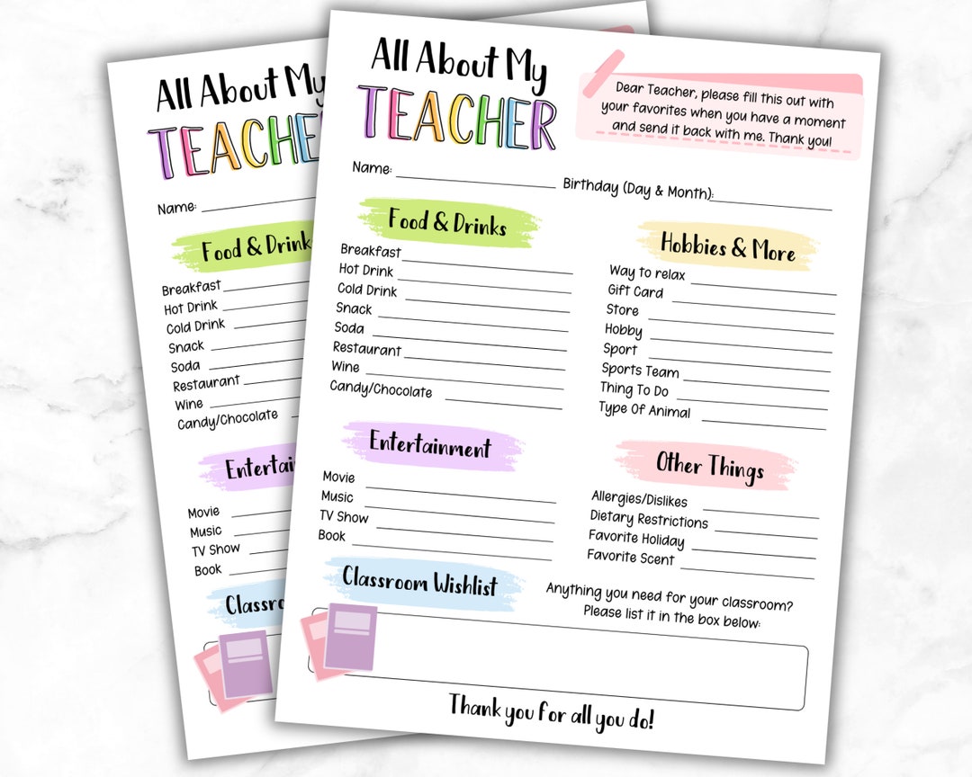 Teacher Favorite Things Printable, Teacher Questionnaire Survey ...