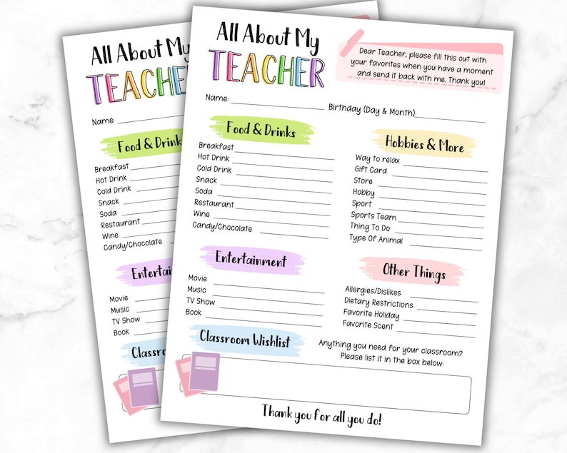 Teacher Favorite Things Printable, Teacher Questionnaire Survey ...
