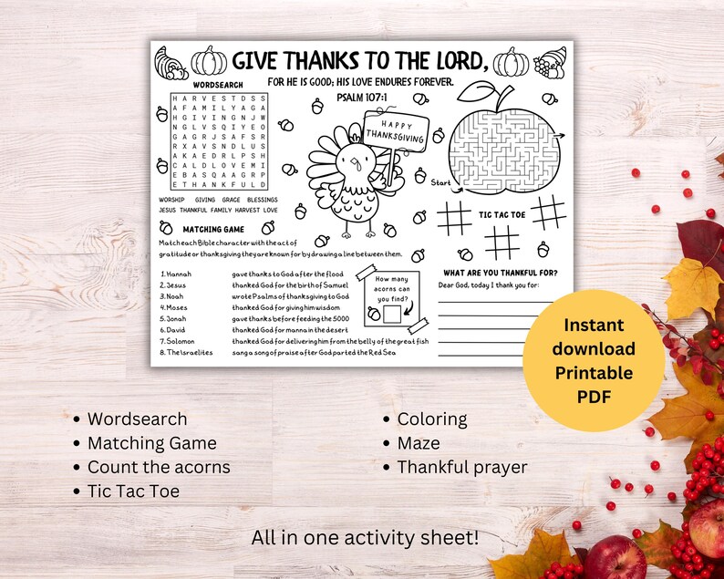 Thanksgiving Activity Placemat, Coloring Page for Kids, Give Thanks, Be ...