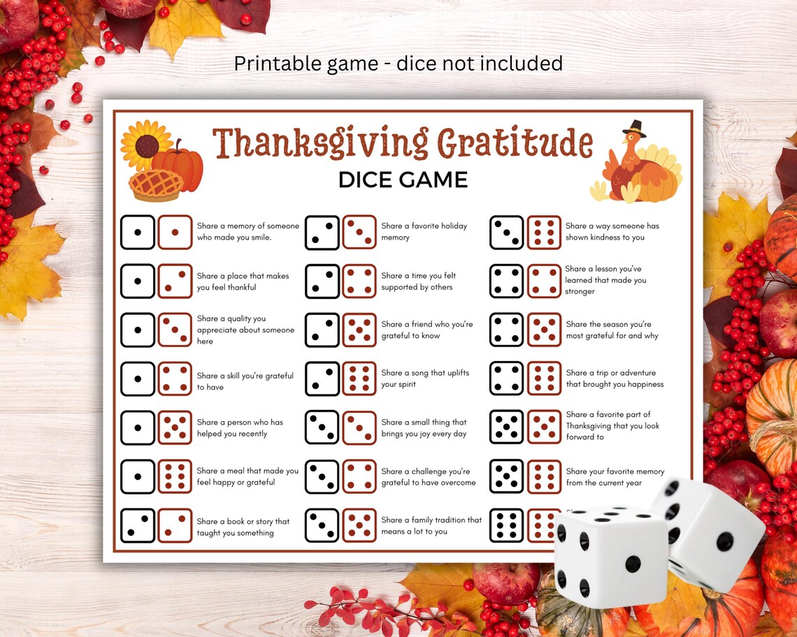 Thanksgiving Dice Gratitude Game Printable, Roll the Dice, Thanksgiving ...