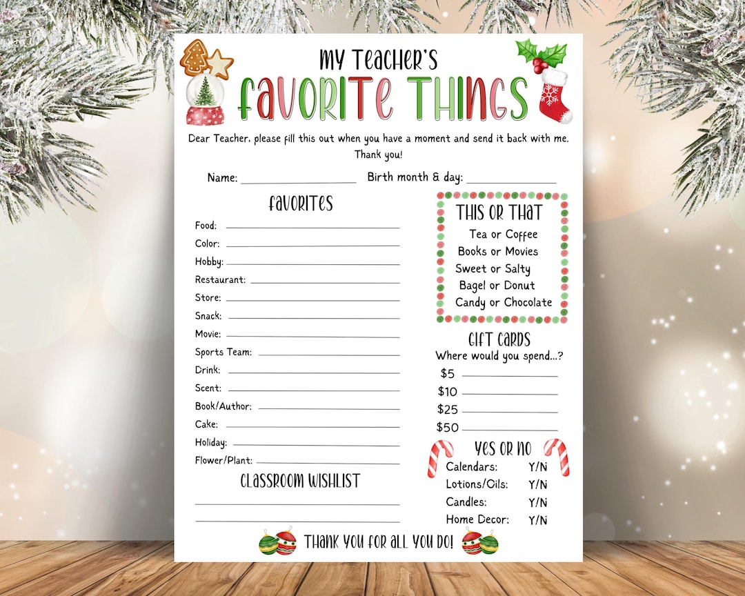 Christmas Teacher Favorite Things Questionnaire, Printable Survey ...