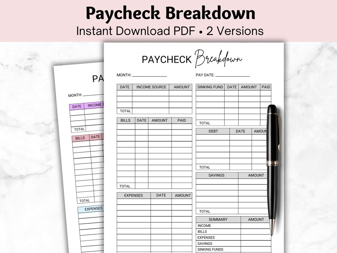 Paycheck Breakdown Template, Paycheck Breakdown Printable, Budget ...