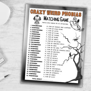 Name the Phobia Trivia Matching Game, Printable Halloween Game, Quiz ...