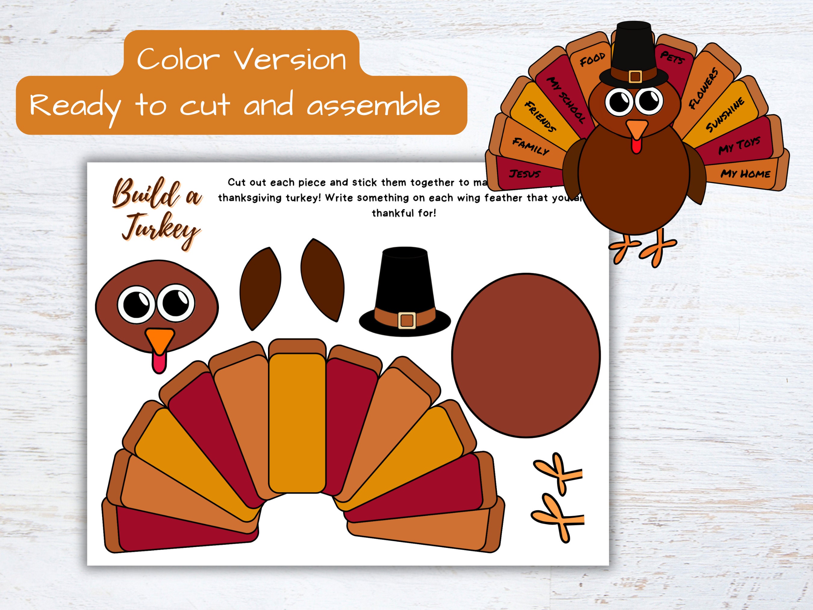 Build A Turkey Craft for Kids, Thankful Turkey, Printable Thanksgiving ...
