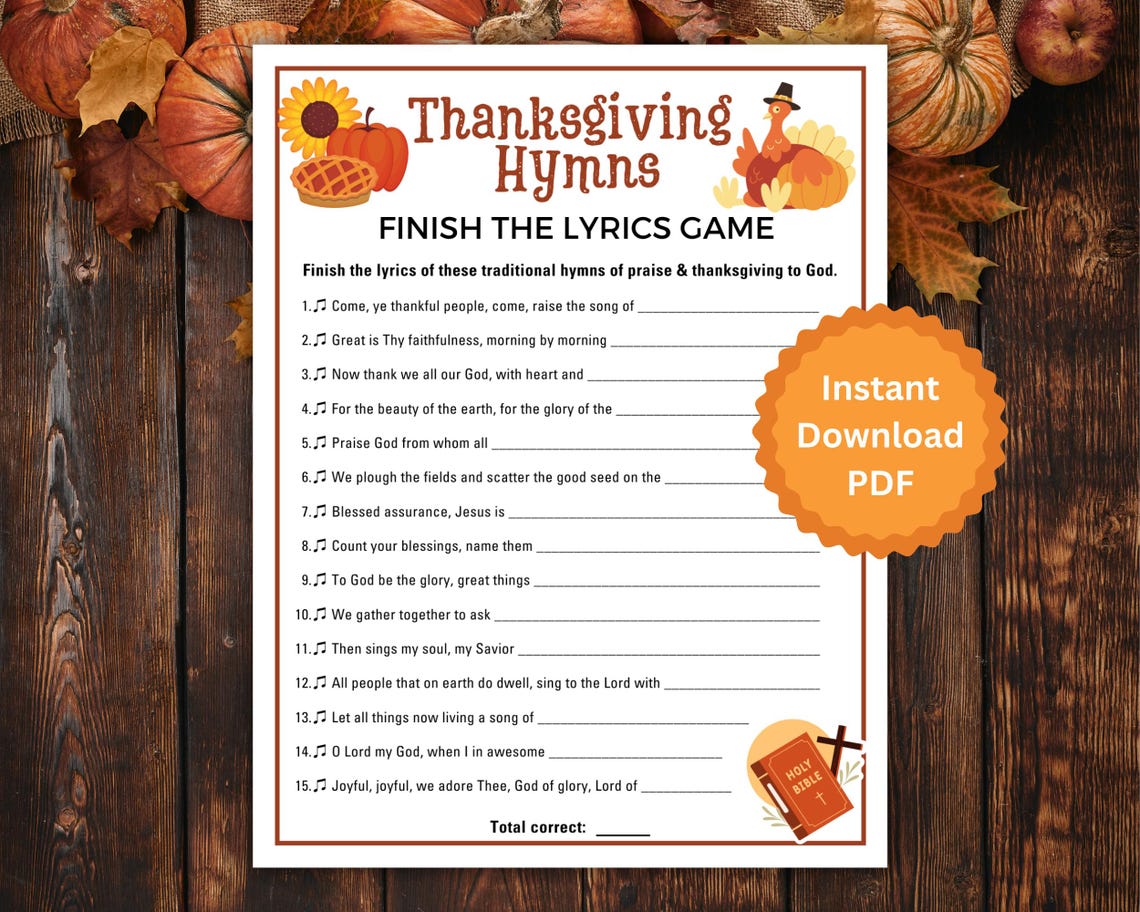 Thanksgiving Hymns Finish the Lyric Game Printable, Christian Womens ...