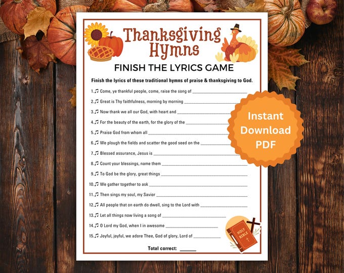 Thanksgiving Hymns Finish the Lyric Game Printable, Christian Womens ...