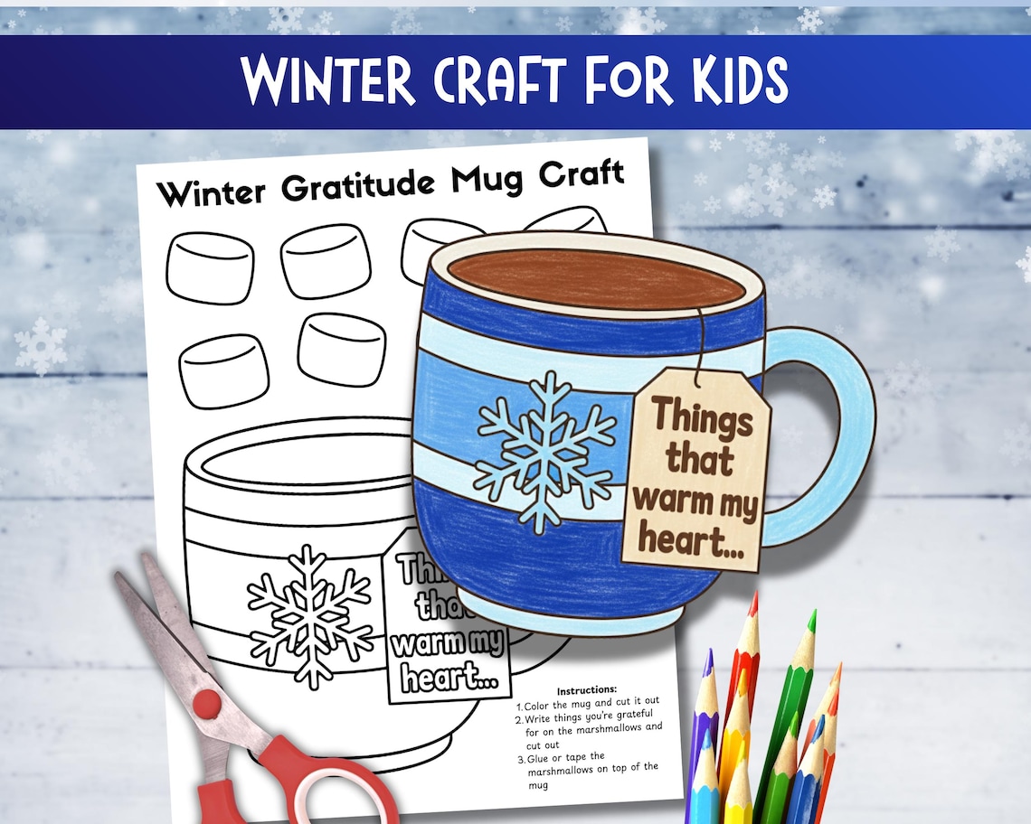 Winter Coloring Craft for Kids, Winter Gratitude Mug Craft Printable ...