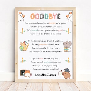 End of School Year Poem Gift From Teacher to Student, Goodbye Letter to ...