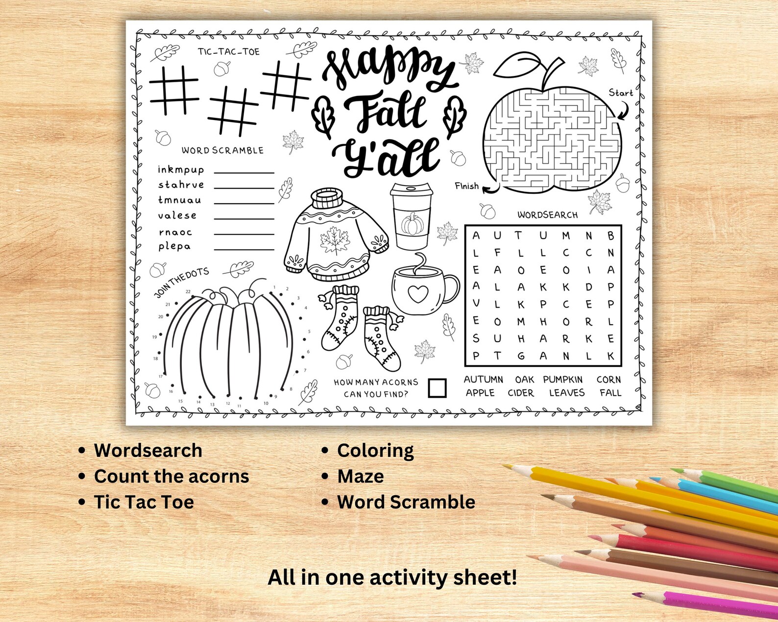 Printable Fall Activity Placemat, Fall Coloring Page, Autumn Activity ...