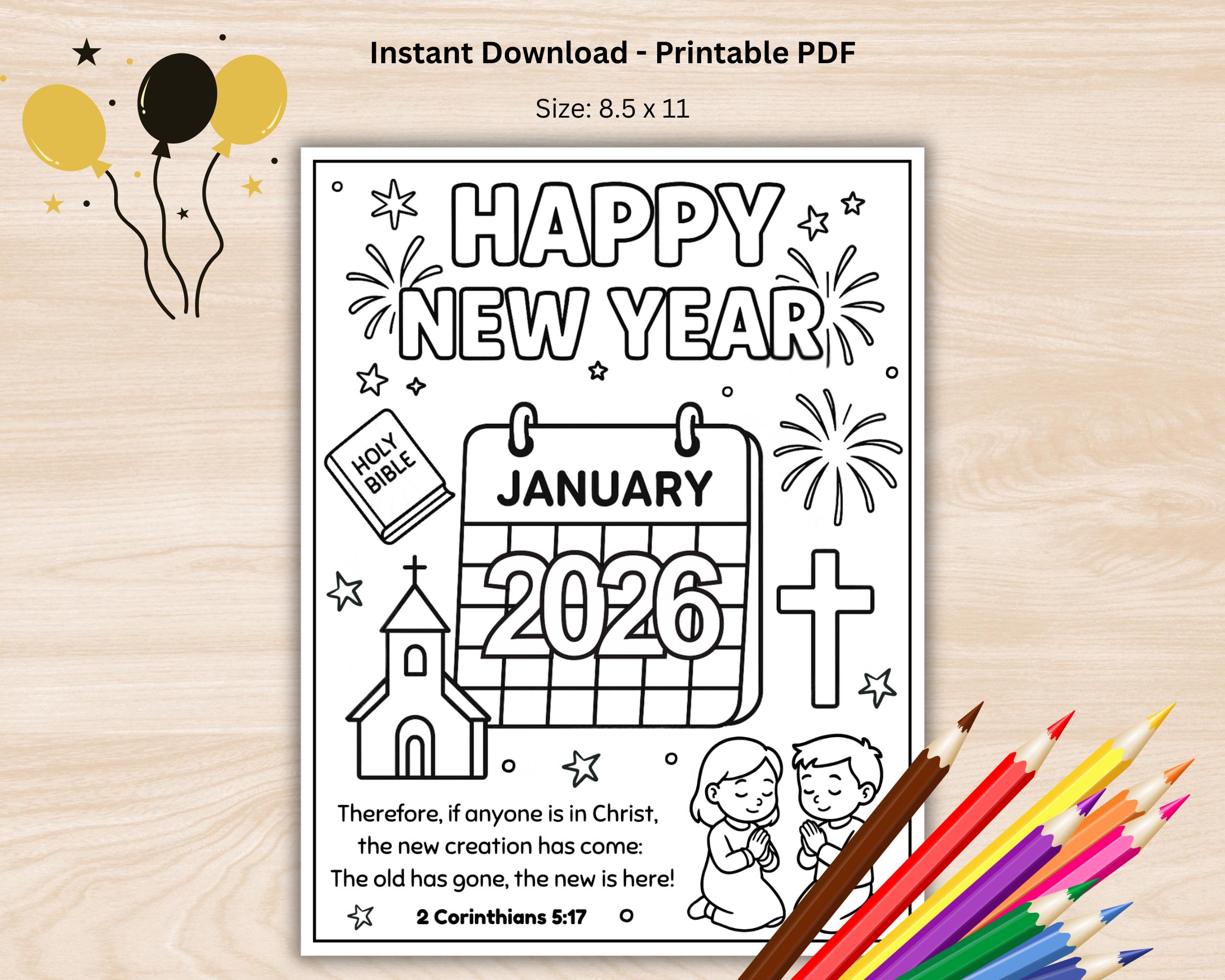 New Year's Bible Coloring Page Printable, 2 Cor 5:17 Memory Verse, NYE ...