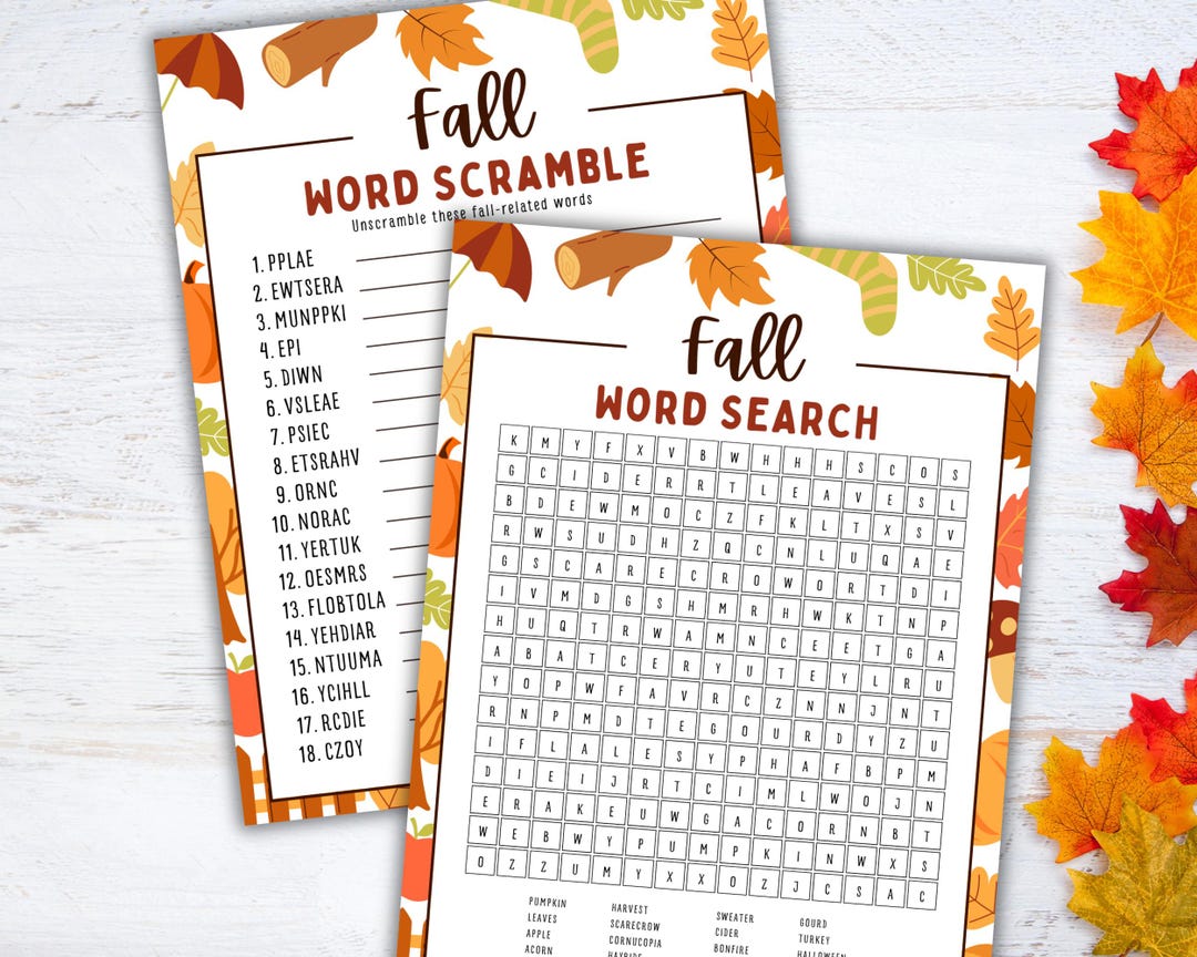 Fall Word Search & Word Scramble Puzzle, Printable Fall Games, Autumn ...