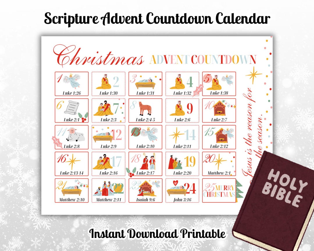 Scripture Advent Calendar Countdown, Christmas Calendar Bible Verses ...