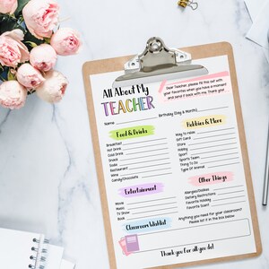 Teacher Favorite Things Printable, Teacher Questionnaire Survey ...