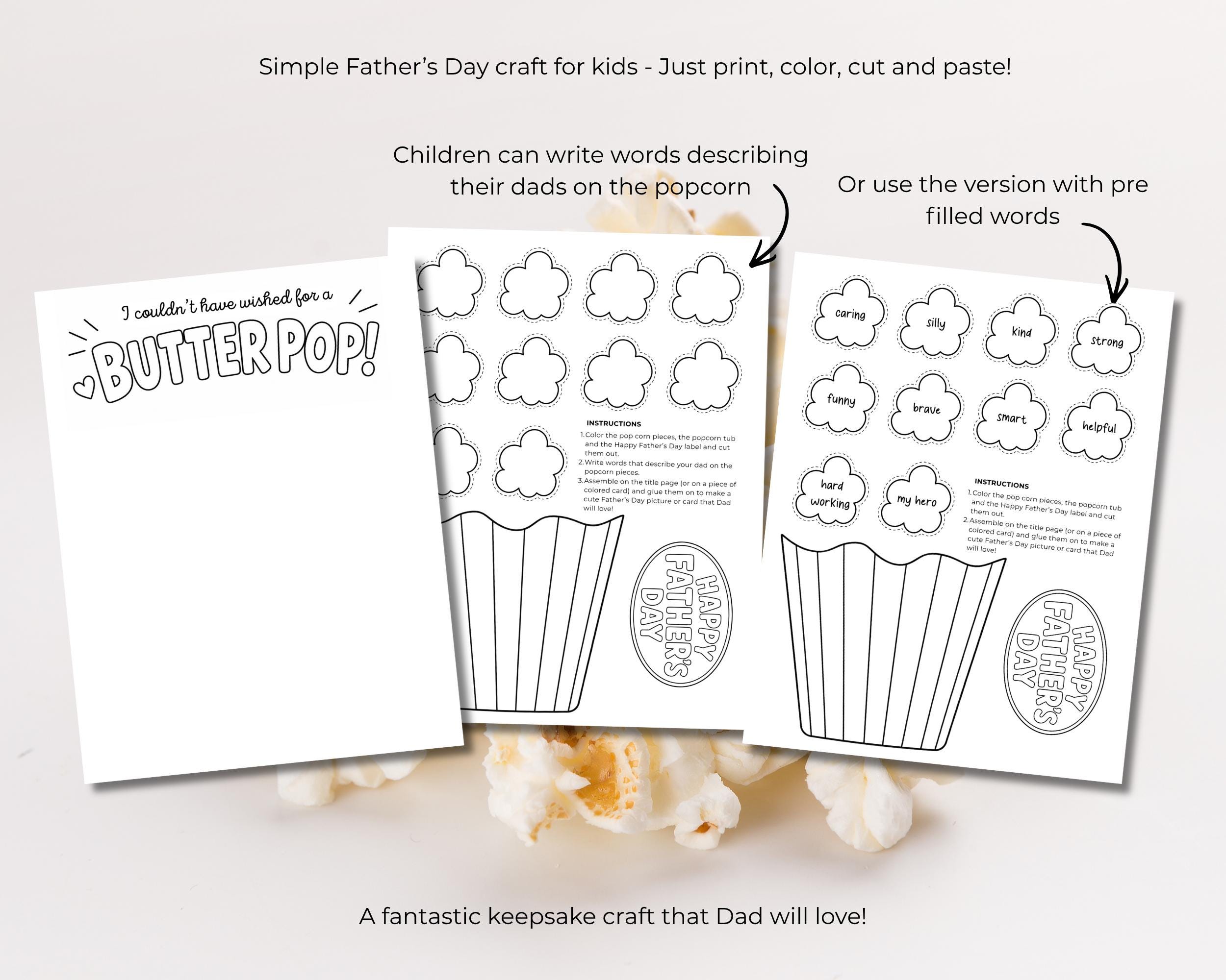 Father's Day Popcorn Craft Printable, Fathers Day Coloring Card, Butter ...