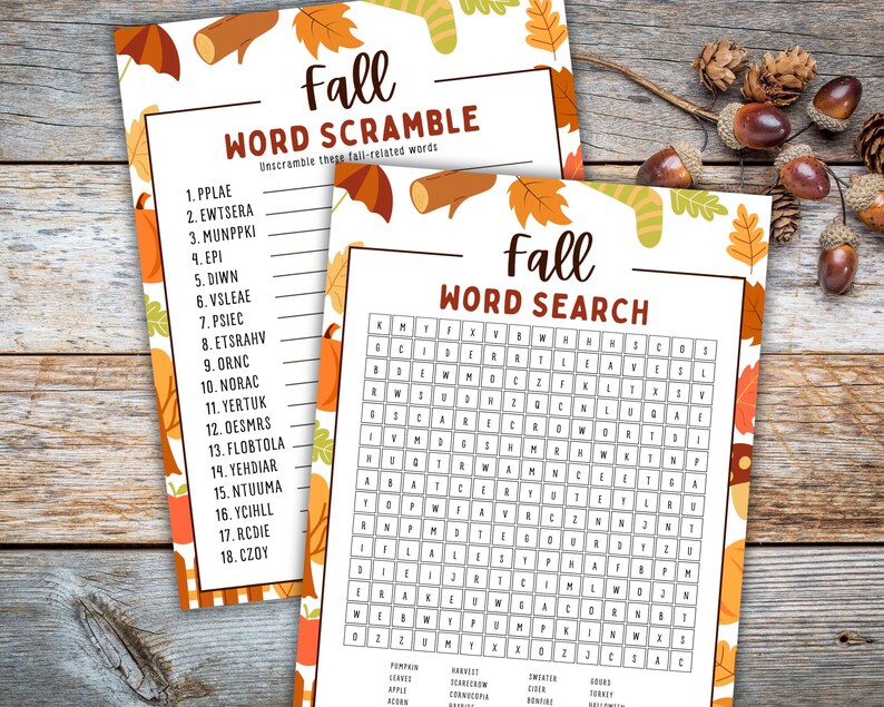 Fall Word Search & Word Scramble Puzzle, Printable Fall Games, Autumn ...