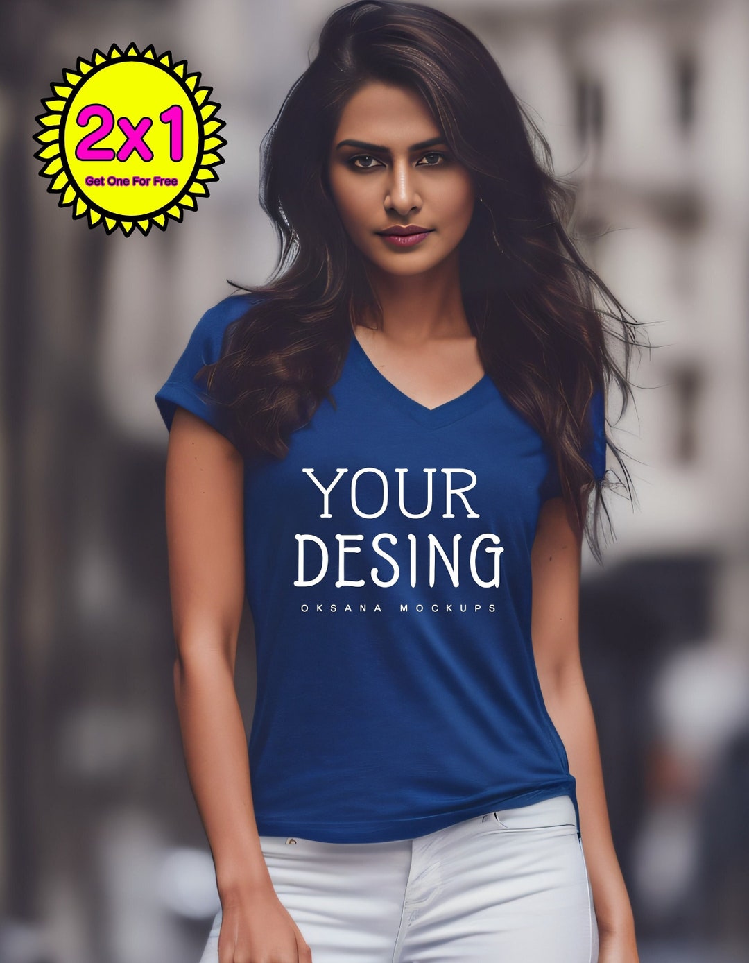 Bella Canvas 3005 Model T Shirt Mockup Styled Blue T Shirt Digital Mockup Femal V Neck Tee