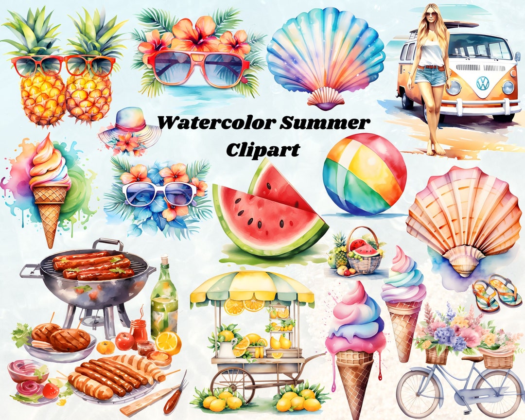 Summer Watercolor Clipart I Tropical Summer Clipart I Summer Party ...