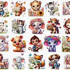 Cute Baby Animals Png With Flowers Clipart, Watercolor Safari Animals ...
