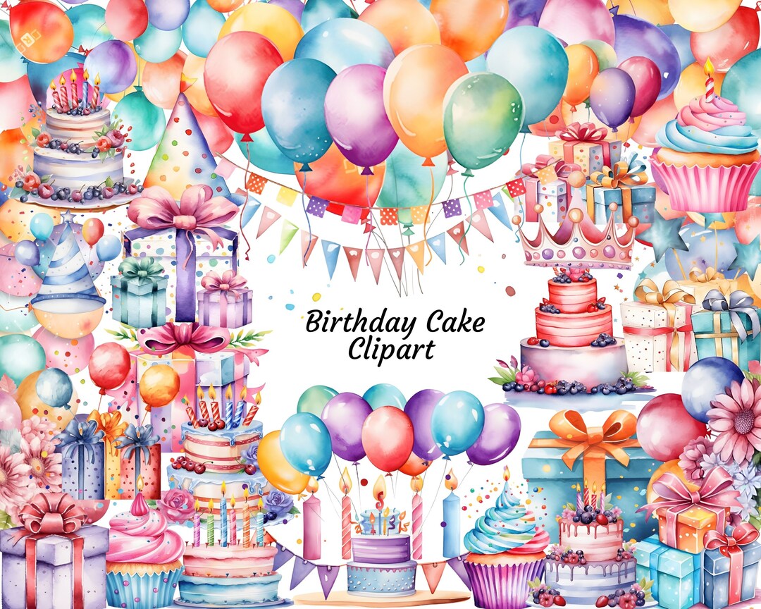 Birthday Party Cake Clipart, Happy Birthday Clipart, Present Balloons ...