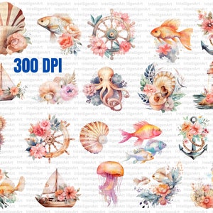 Boho Nautical Clipart - Marine Clipart, Watercolor Ocean Beach Clip Art ...