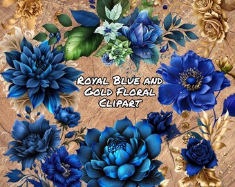 Royal Blue and Gold Floral Clipart Shabby Wedding Rustic Navy Blue and ...
