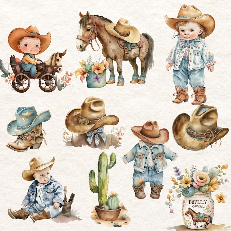 Baby Cowboy Watercolor Clipart Bundle Boy With Horse - Etsy
