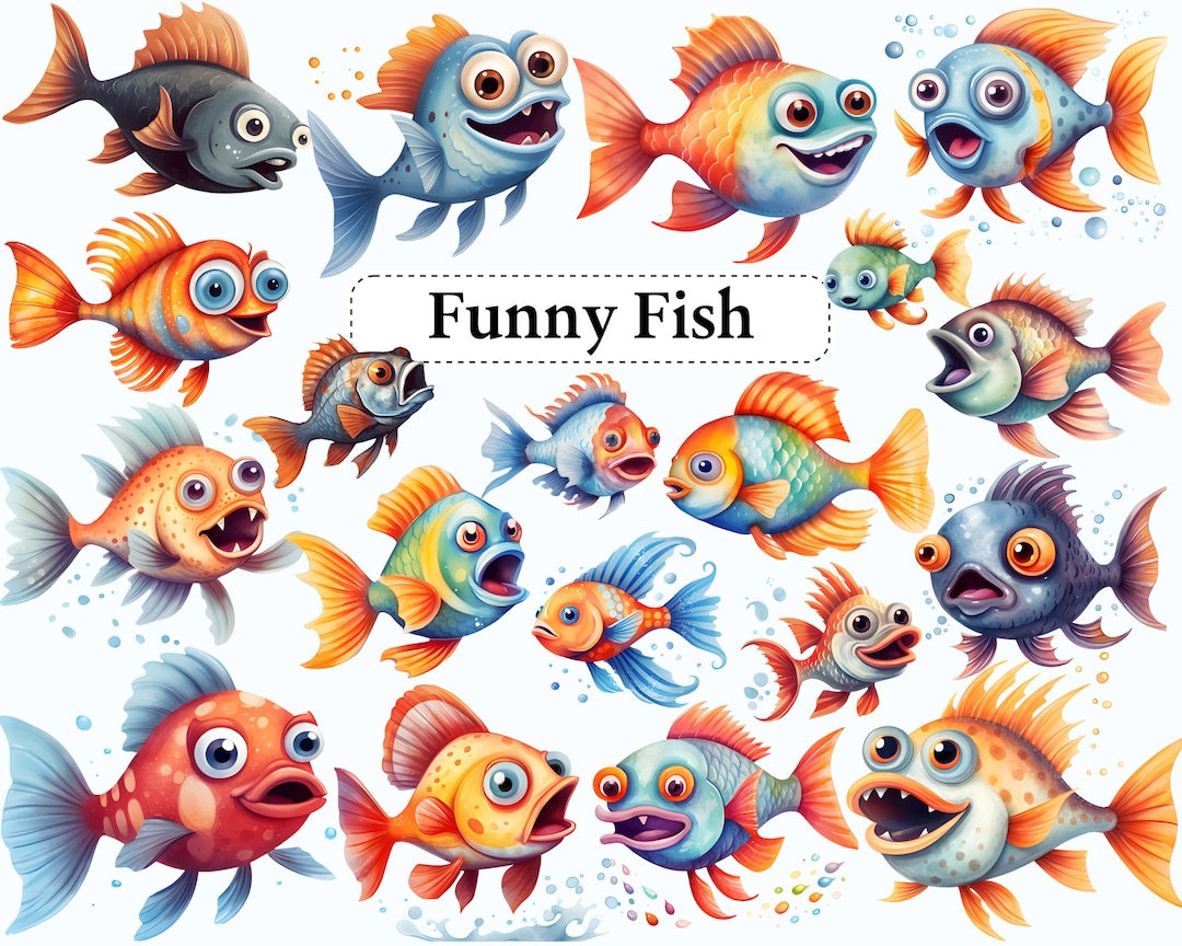 Funny Fish Clipart, Quirky Fish PNG, Funny Fish PNG, Printable Watercolour Fish, Cute Fish ...
