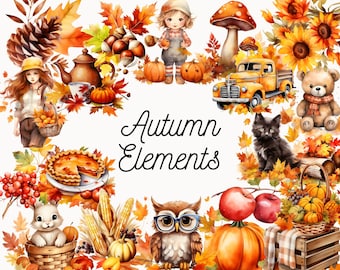 30 Autumn Elements Clipart Watercolor Autumn Clipart, Cute Pumpkin ...