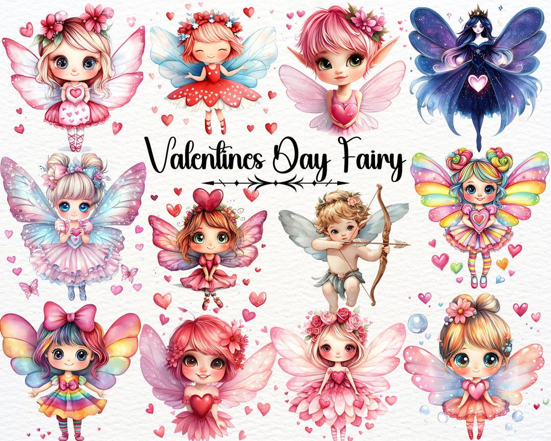 Valentine's Day Fairy PNG Clipart Bundle, Fairy Watercolor Sublimation ...