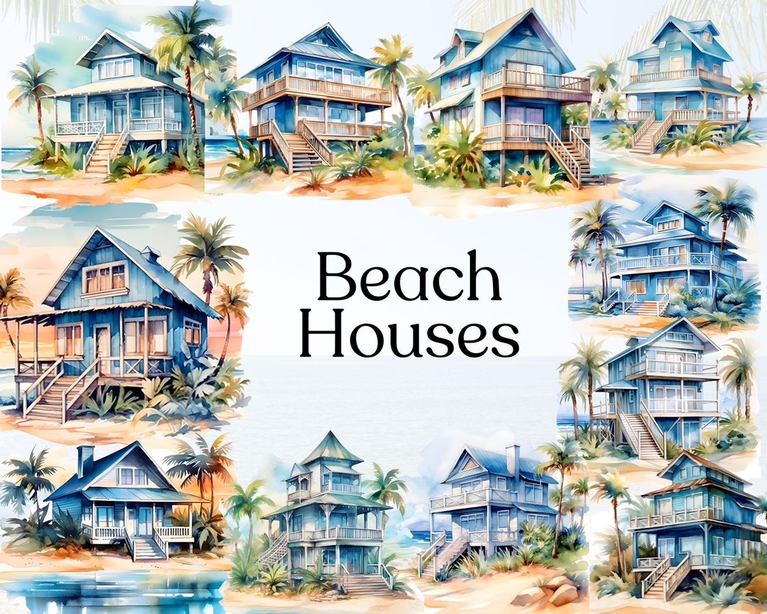 Beach House Clipart Watercolor Beach Clipart, Houses Clipart, Nautical ...