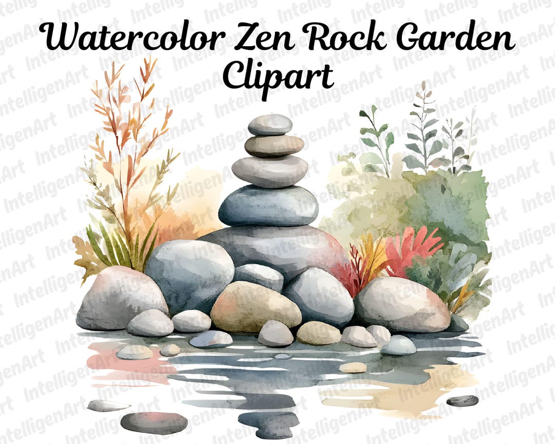 Watercolor Zen Rock Garden Clipart, Rock Garden Clipart Bundle, Zen ...