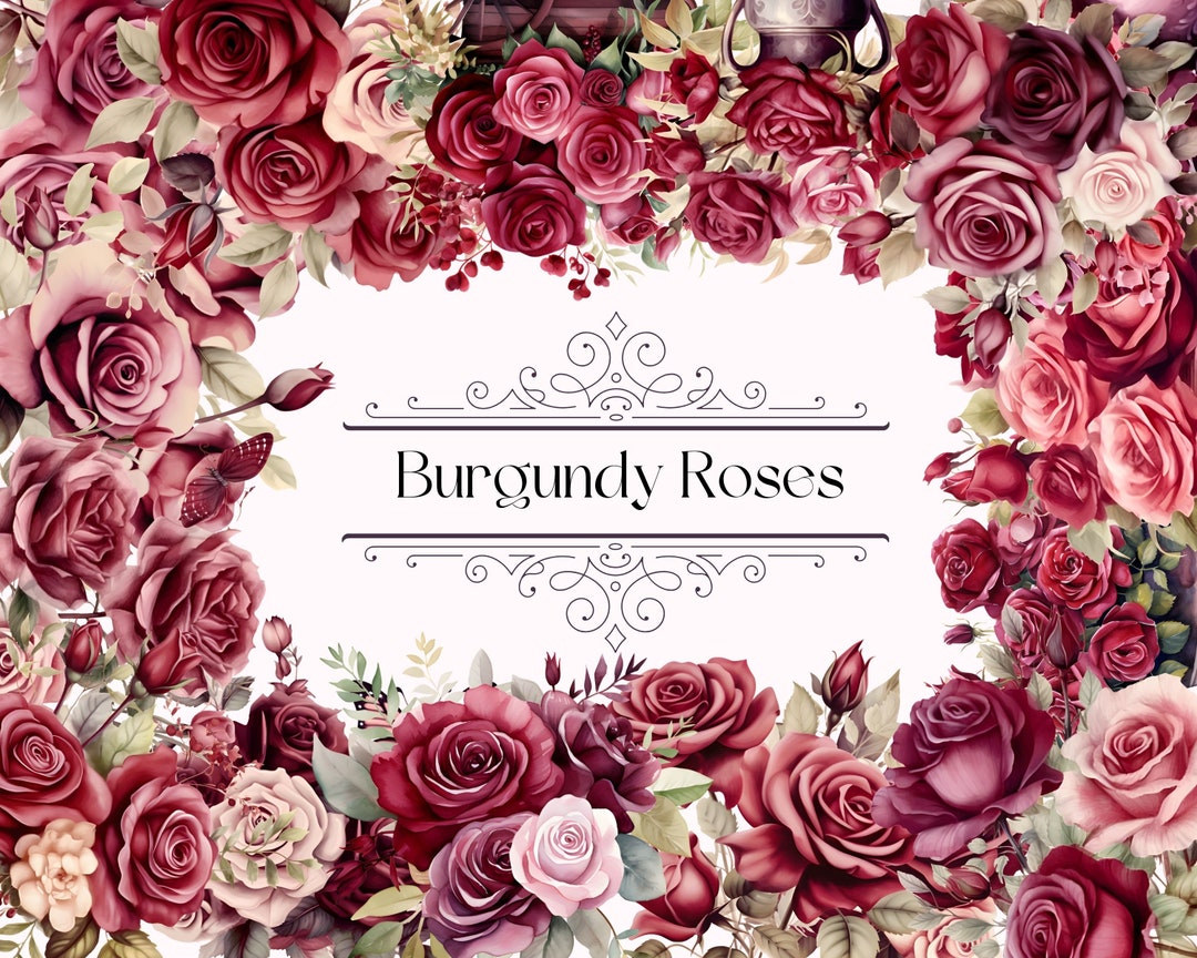Burgundy Roses Clipart - 120+ Watercolor Flowers, Burgundy Floral ...