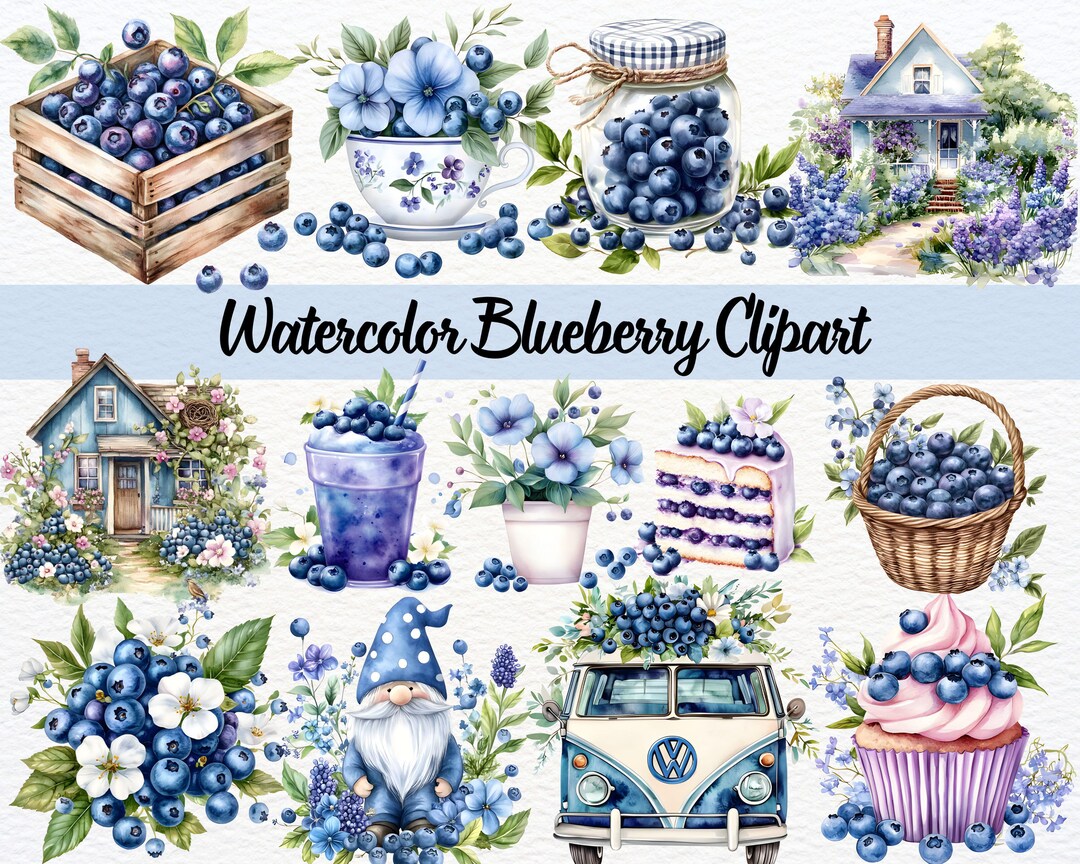 Watercolor Blueberry Clipart, Cute Food Graphics, Digital Blueberries ...