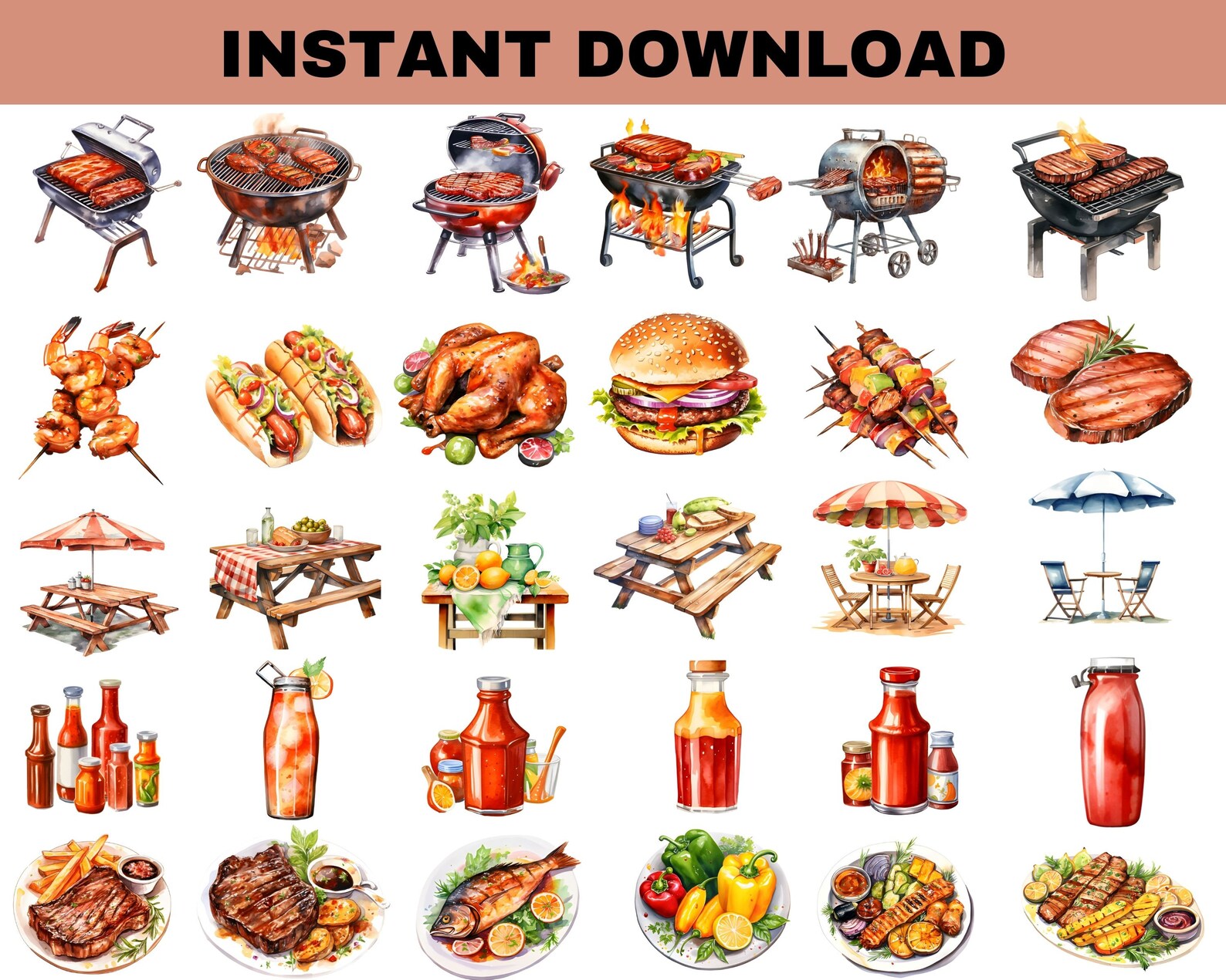 Barbecue Clipart, Summer Barbeque Graphics, BBQ Grill Party Essentials ...
