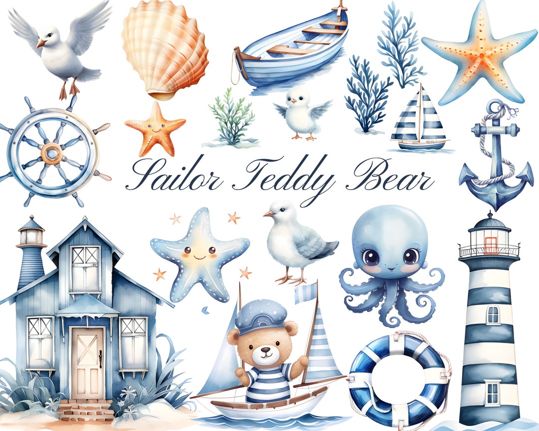 Sailor Teddy Bear Clipart, Nautical Nursery, Baby Bear Beach, Ocean Sea ...