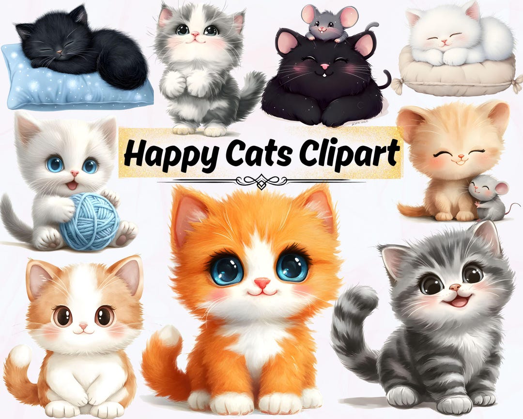 Happy Cats Clipart Bundle, Cute Cat PNG, Cartoon Cat Graphics, Kitten ...