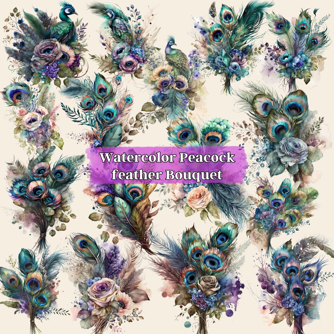 Watercolor Peacock Bouquets Clipart - Vibrant Floral and Feather ...