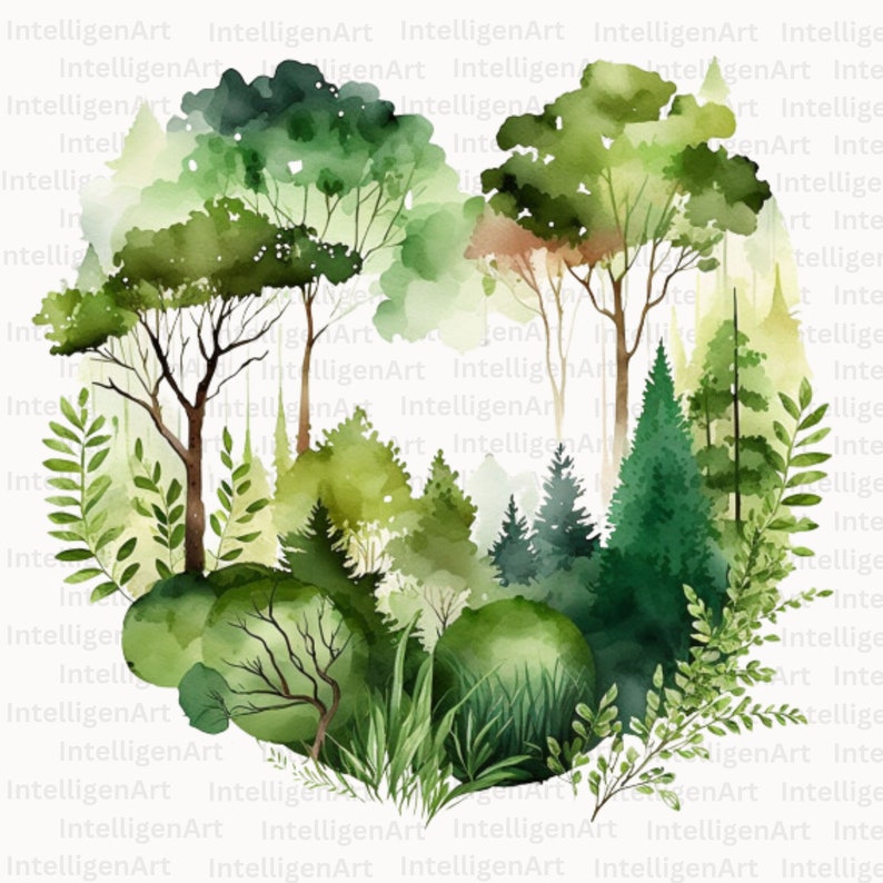 Watercolor Forest Clipart Watercolor Trees Landscape Spring - Etsy